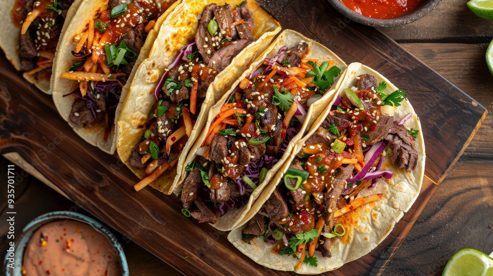 Korean BBQ beef tacos with bulgogi, kimchi slaw, gochujang aioli, and ...