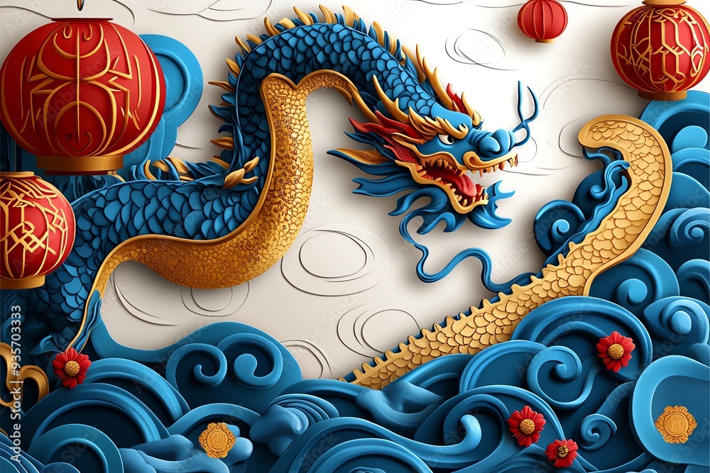A cultural banner featuring traditional Chinese symbols like dragons ...