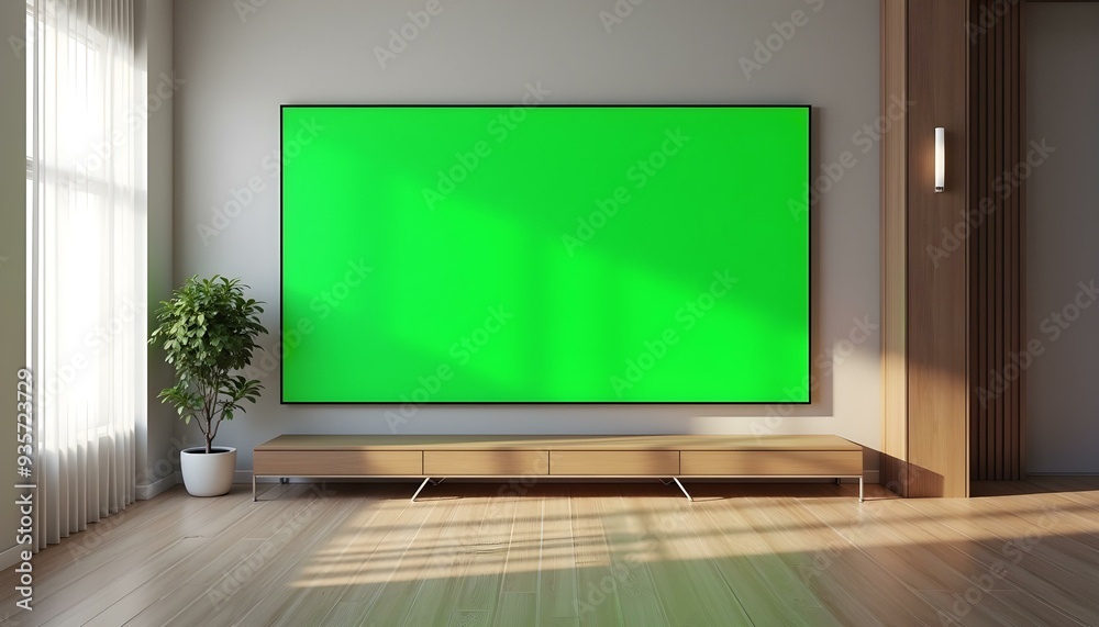 Smart Tv Mockup with blank green screen hanging in modern white empty ...