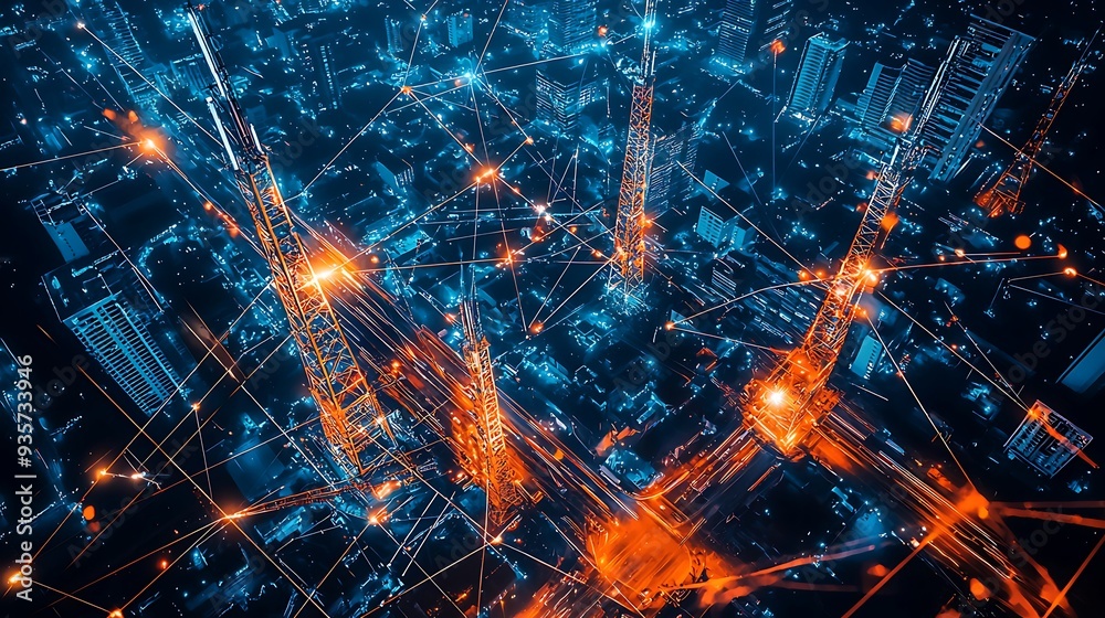 Communication via cell towers in telecommunication, with signals ...