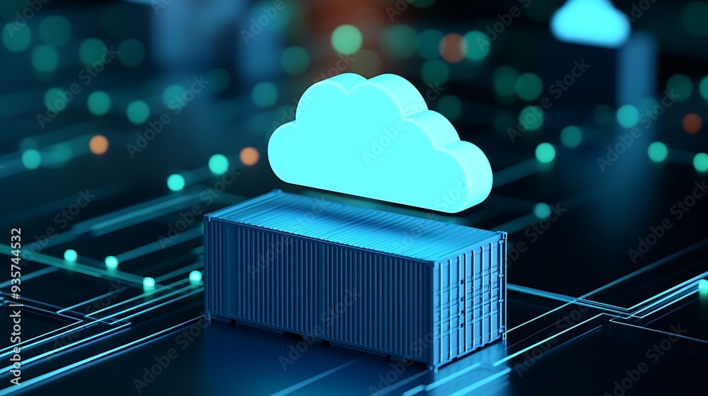 3D illustration of a cloud icon over a data container on a digital ...