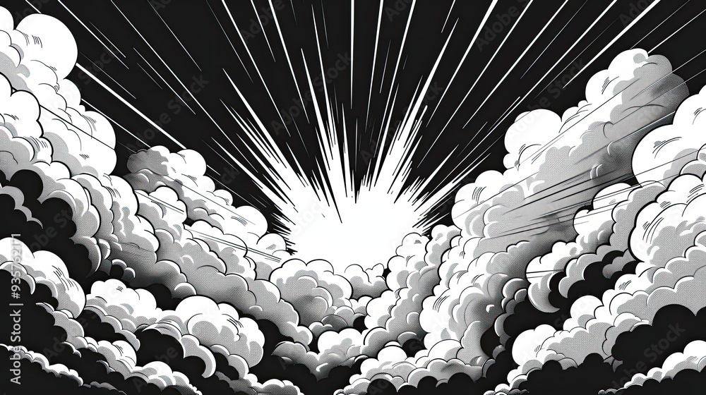 Dramatic scene of bright light bursting through cloud-filled sky, with ...