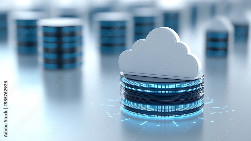 Cloud computing concept with cloud icon and server stacks, representing digital storage and ...