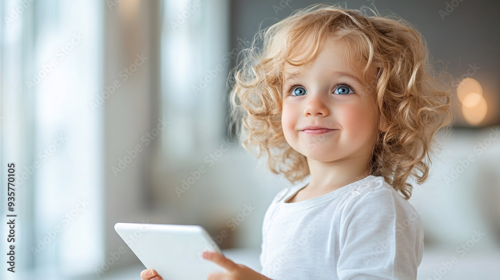 A young child holding a tablet, talking animatedly with a friend in a ...