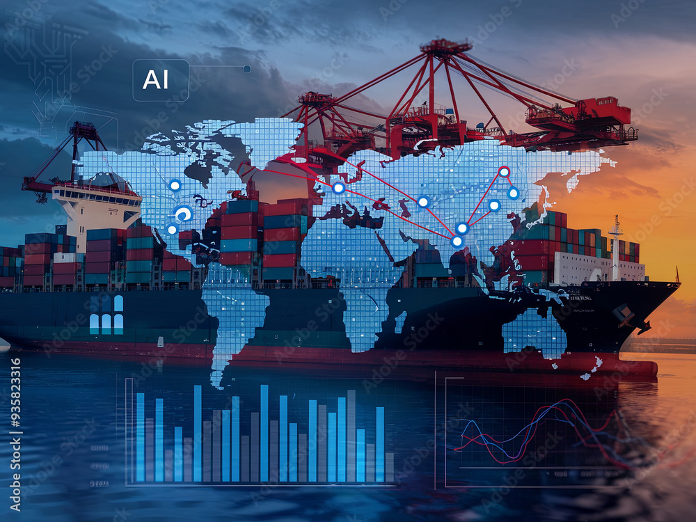 AI and global logistics concept with world map, supply chain network ...