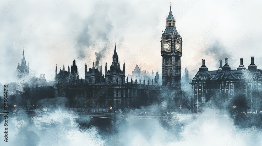 Foggy London skyline with iconic Big Ben and historical buildings ...