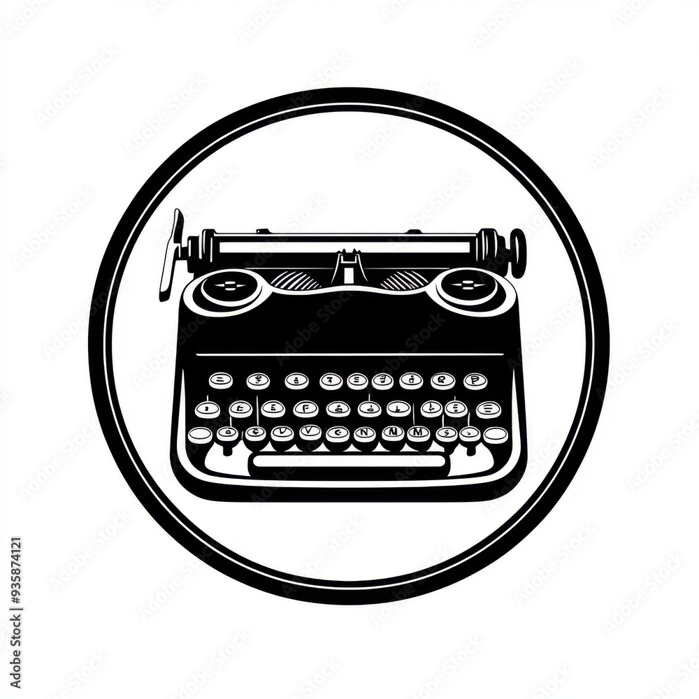 Black and white flat vector art illustration of a typewriter in a ...