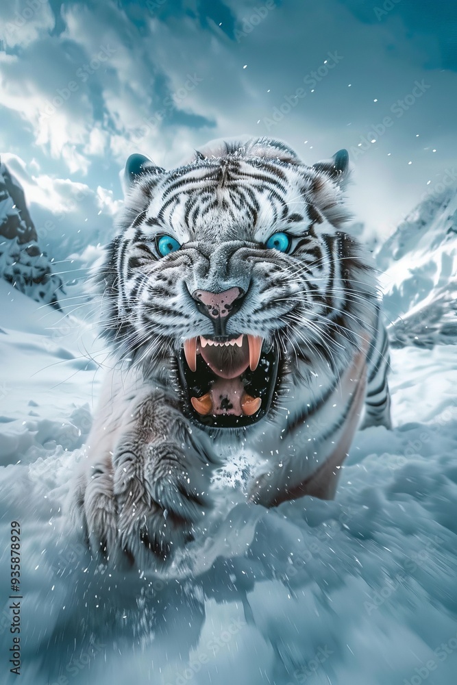 snowy mountains The extreme angle from below captures a white tiger ...