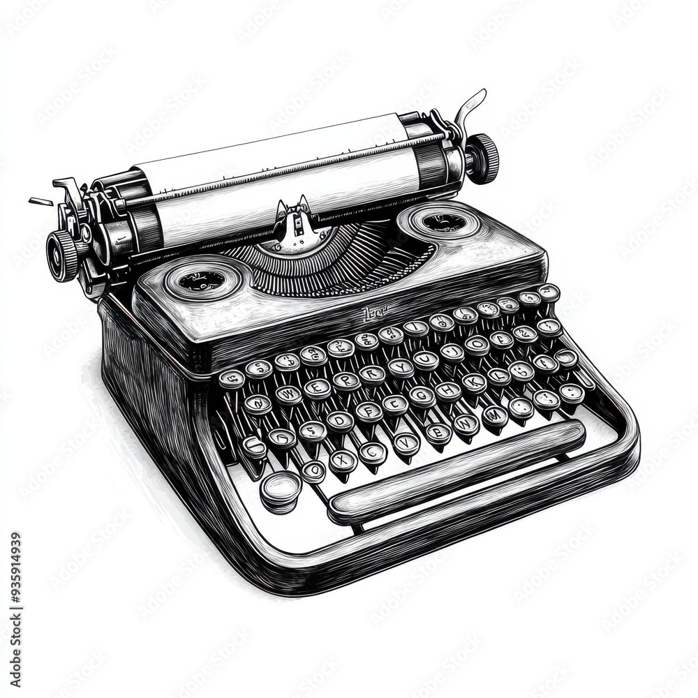 Black and white Vintage engraved art of a classic vintage typewriter ...