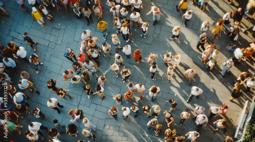 An overhead view of a lively crowd gathered in a bustling city square ...