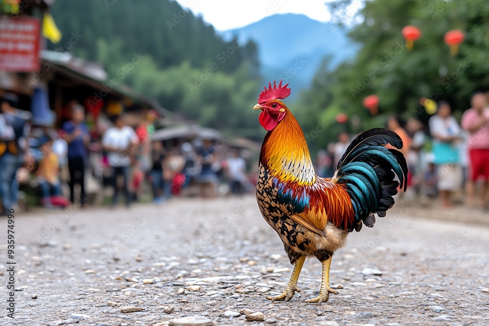 A traditional festival procession where fighting roosters are paraded ...