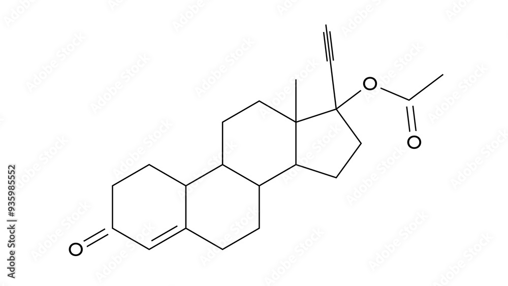 norethindrone acetate molecule, structural chemical formula, ball-and ...