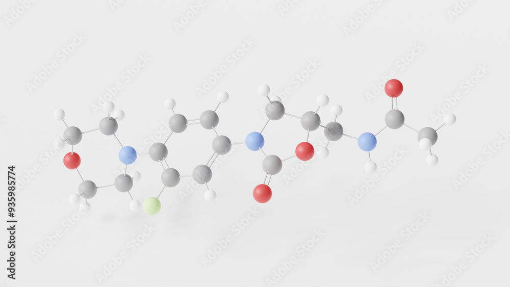 linezolid molecule 3d, molecular structure, ball and stick model ...