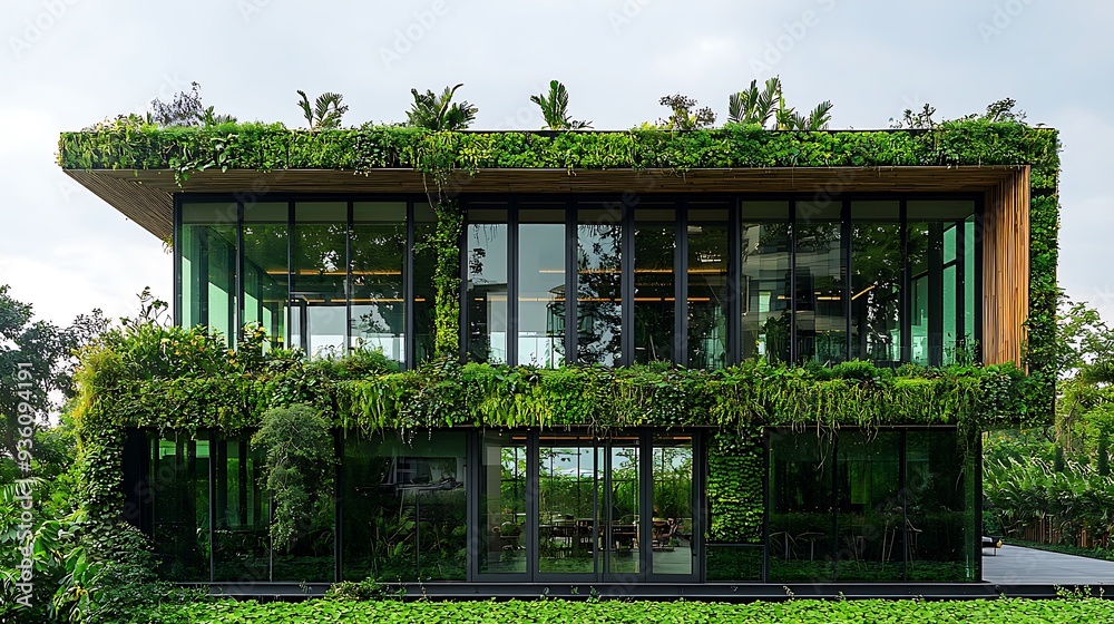 Modern green building with a living wall and roof garden, blending ...
