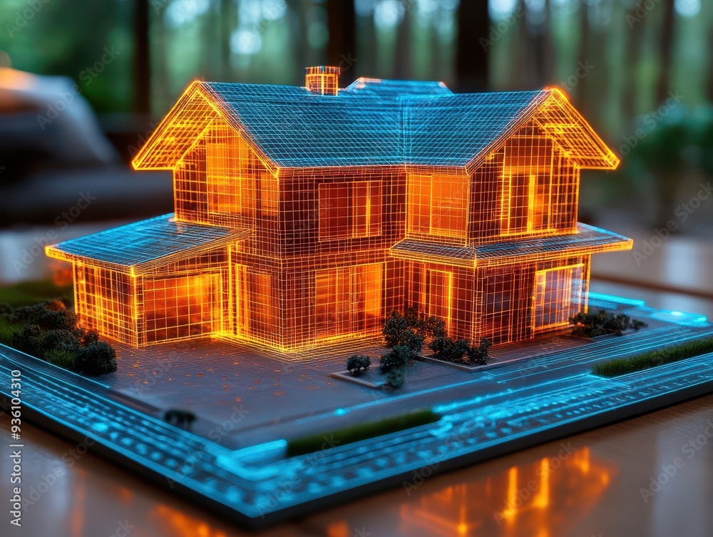 miniature holographic house model floating blueprint schematics ...