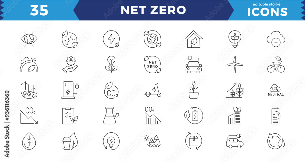 net zero, eco, sustainable development editable stroke outline icons ...