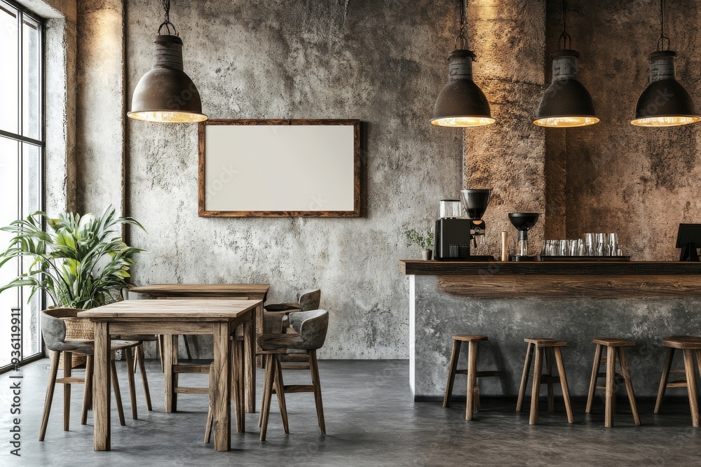 Seats and tables are shown in a beige restaurant interior mockup Stock ...