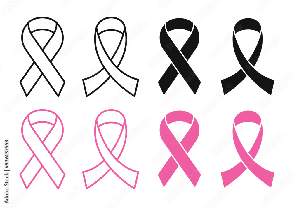 Breast cancer ribbon icon set. Cancer charity awareness ribbon vector symbol in black filled and ...