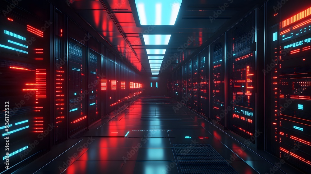 47. A high-tech 3D render of a virtual data center with interactive ...