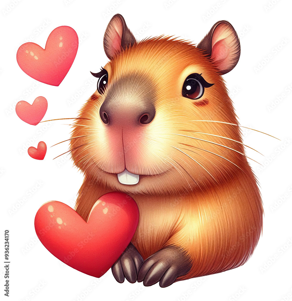 Cute capybara holding hearts with love on transparent background ...