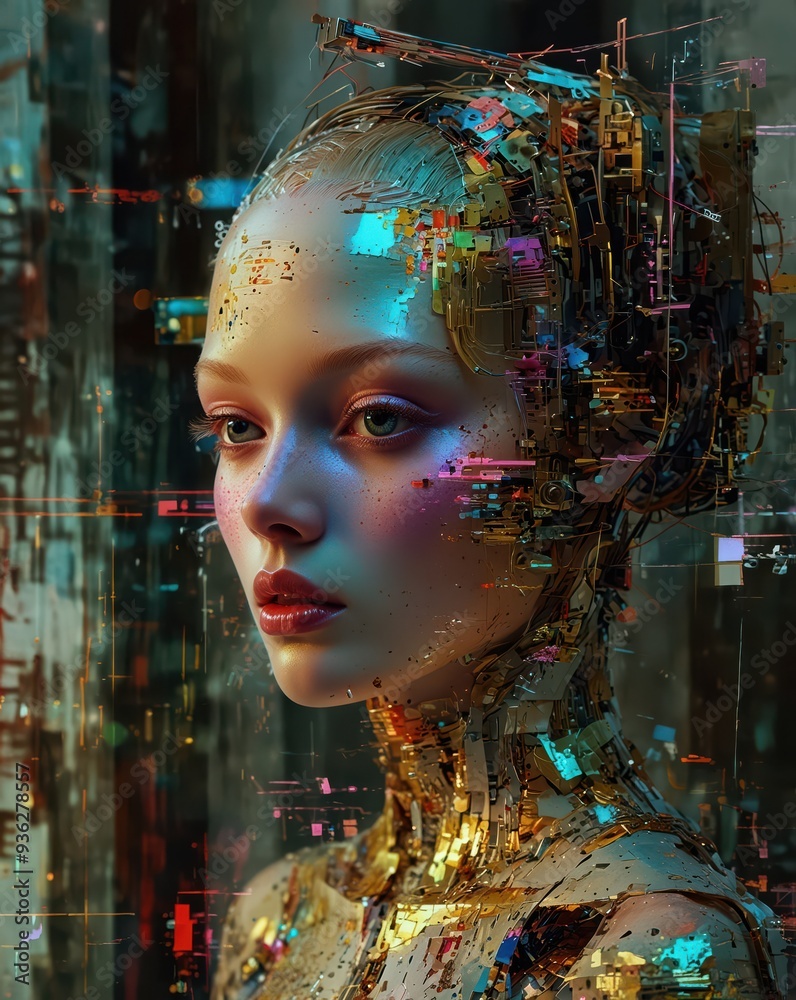 Futuristic portrait of a female android, merging human beauty with ...