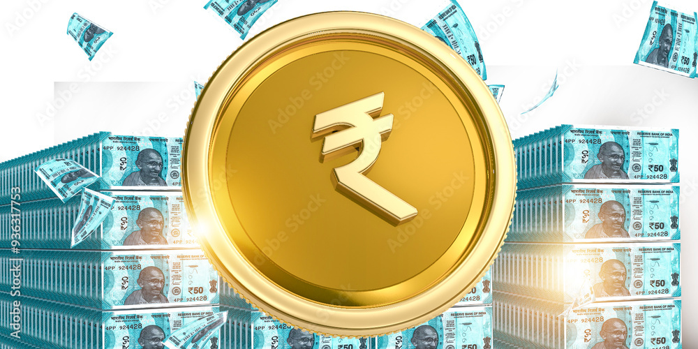 50 Indian rupee notes bundle flying in different angles and ...