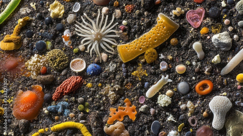 Microscopic biodiversity in a soil sample, showing the interaction of ...