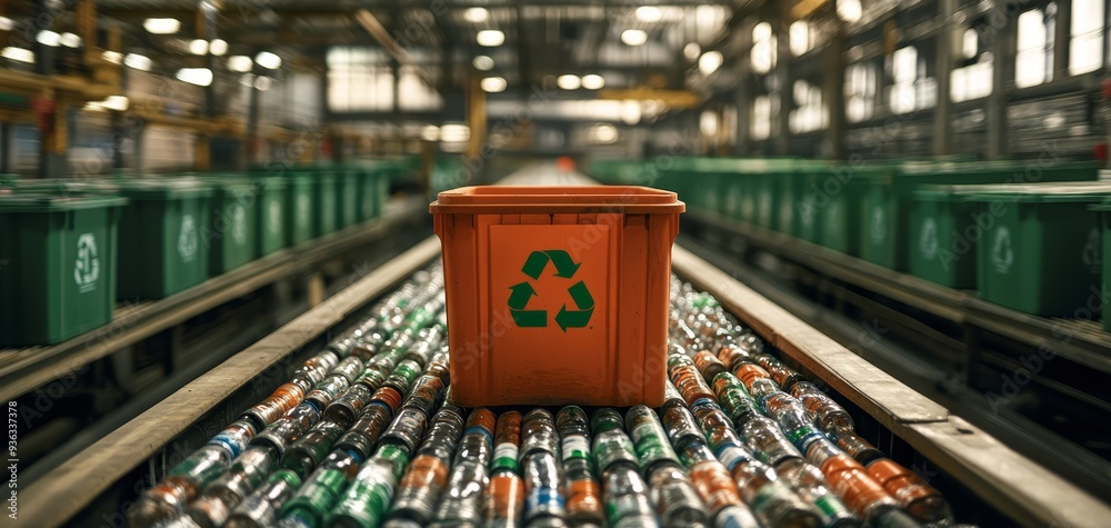 Recycling Facility A solitary orange bin with a green recycling symbol ...