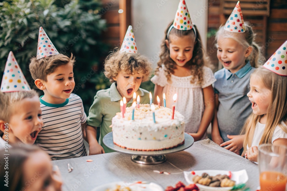 Happy Children Celebrating Birthday Party with Cake. A group of excited ...