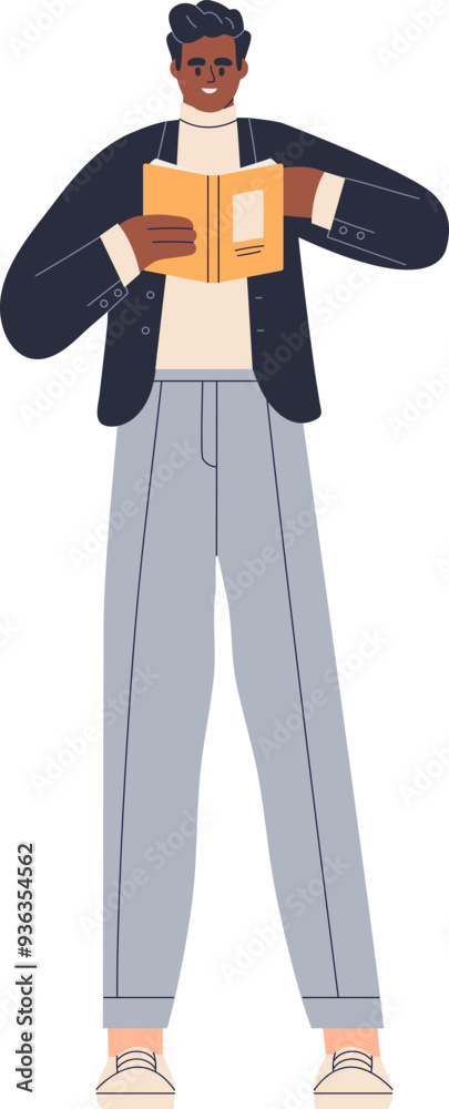 Black man holding open book, reading, finding information. Happy ...