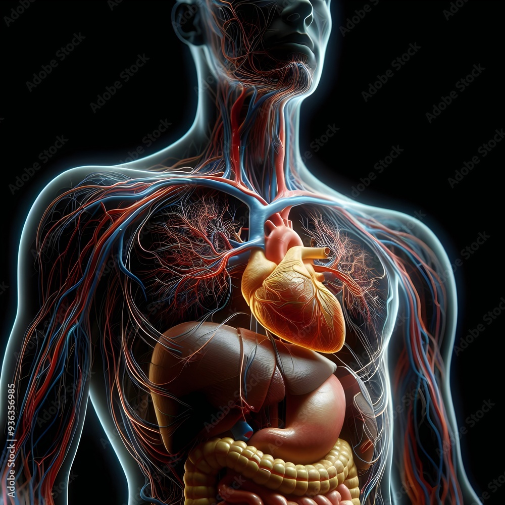 Biomedical illustration showing human internal organs with heart, liver ...