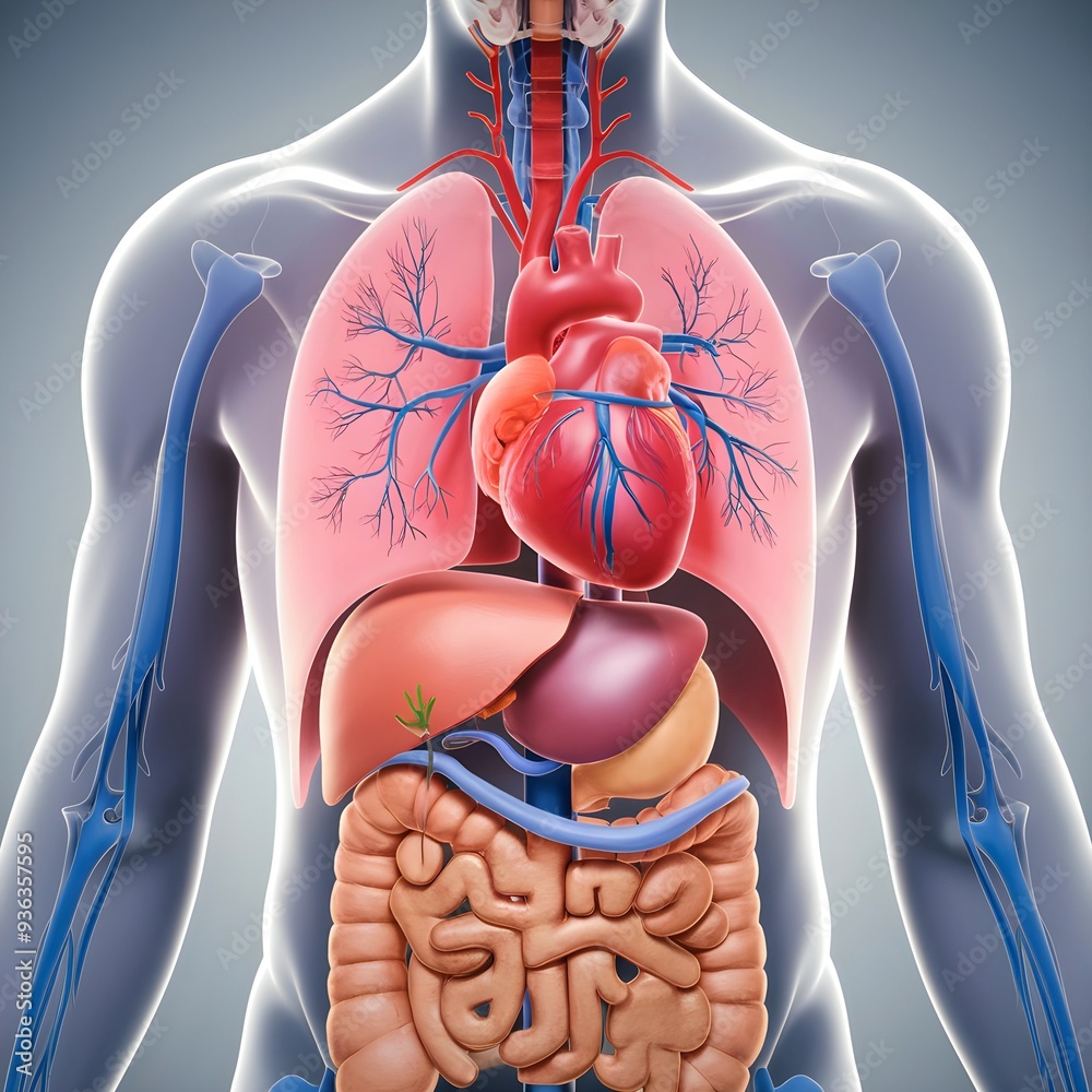 Biomedical illustration showing human internal organs with heart, liver ...