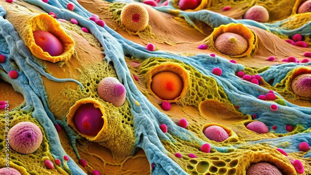 Colored scanning electron micrograph of damaged skin cells, showing ...