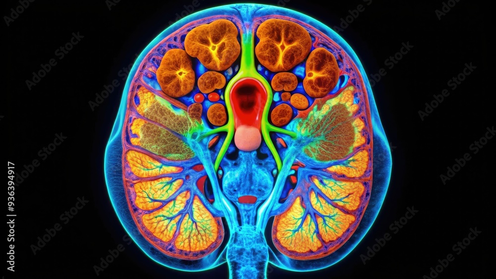 Colorful 3D CT Urogram scan of the urinary tract, highlighting a small cortical cyst on the left ...