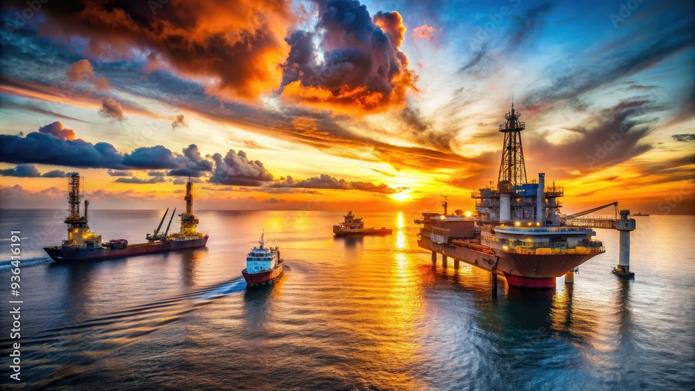 Commercial offshore oil rig at sunset with cargo ships and tankers in ...
