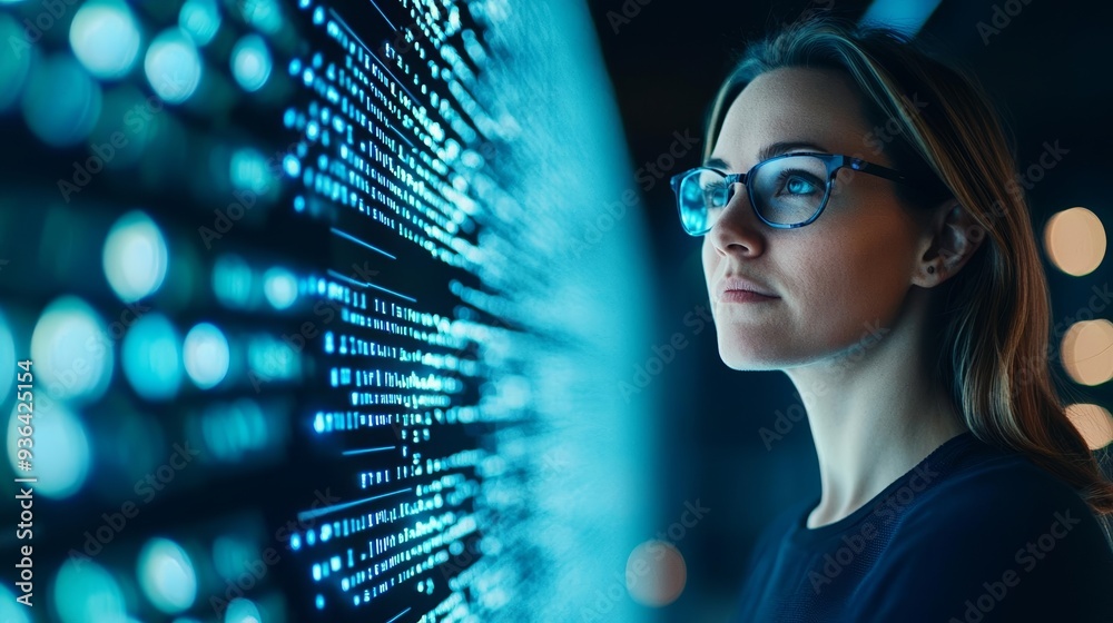 Woman in tech, illuminated by blue data light, focused on advanced ...