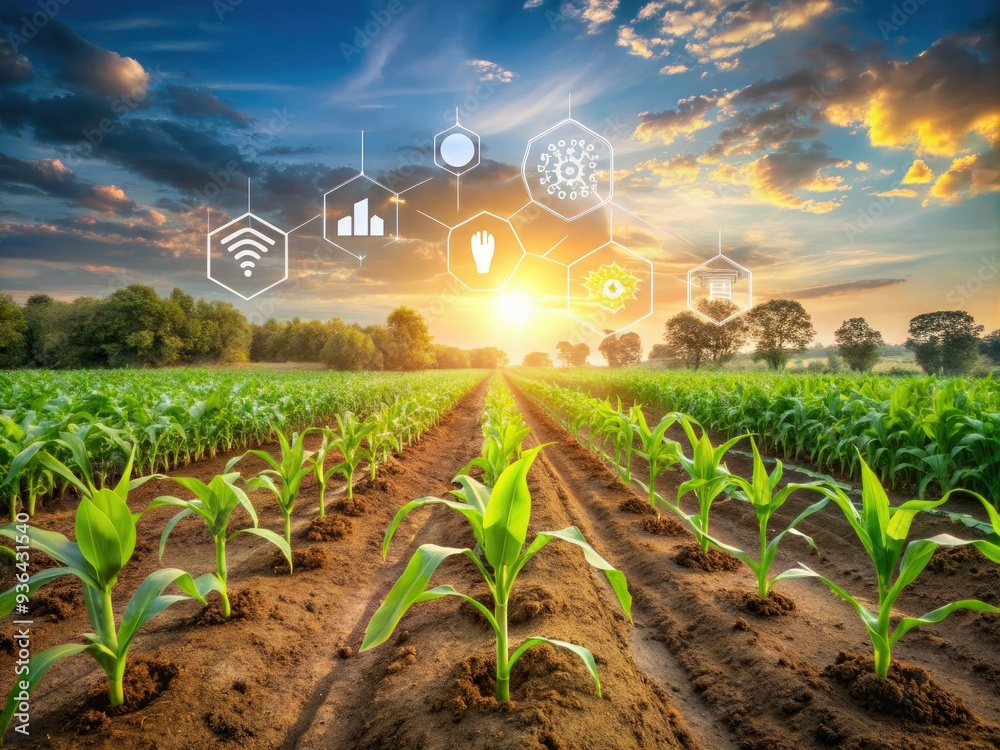 Cultivated agricultural field with maize seedling, infographics, and ...