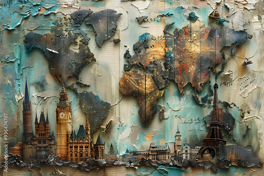 Artistic World Map with Iconic Landmarks in Relief Stock Illustration ...