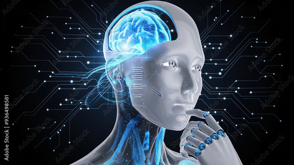 Artificial intelligence in humanoid head with neural network thinks. AI with Digital Brain is ...