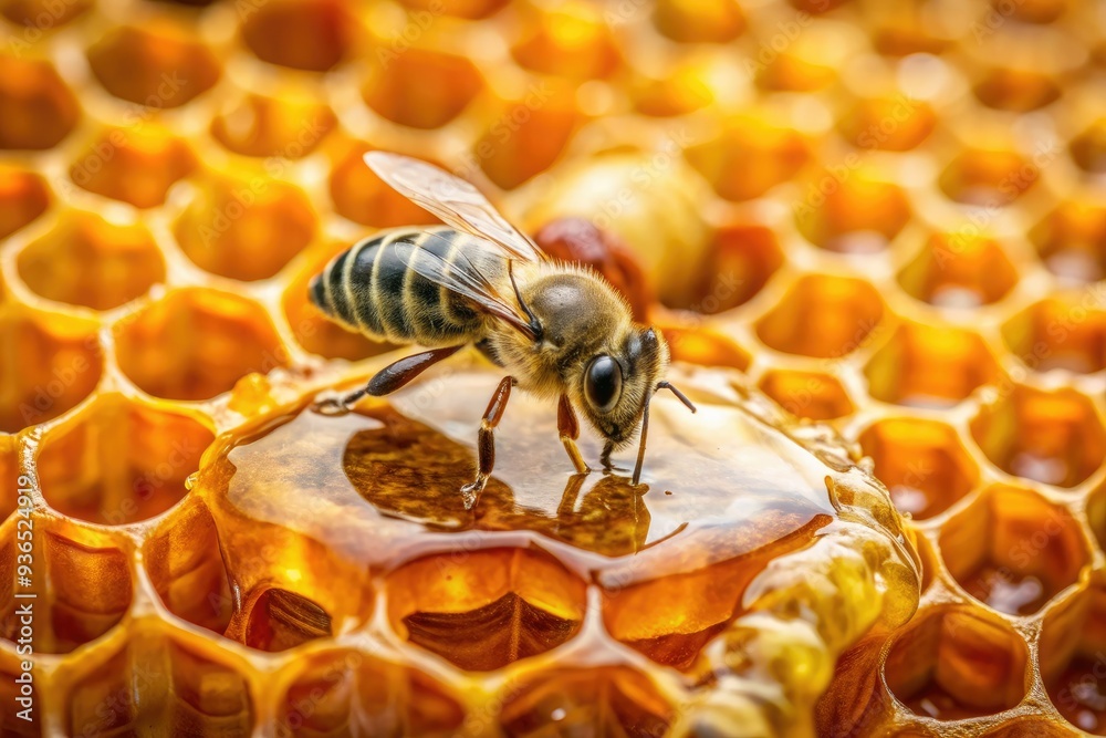 Golden nectar oozes from a honeycomb cell, showcasing the sweet, thick ...