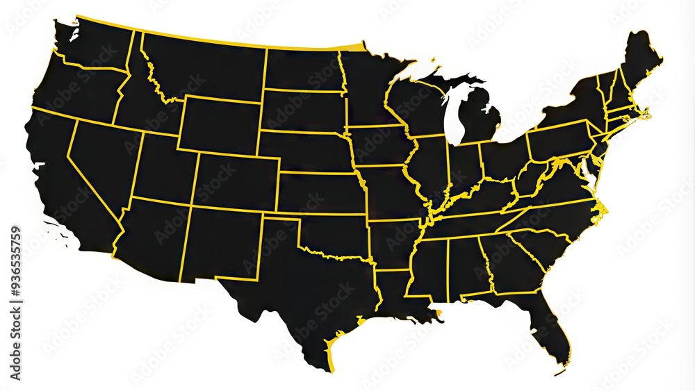 High-contrast outline of the United States map with bold black borders ...