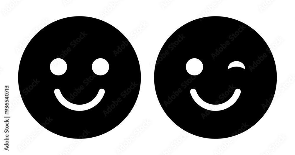 Smile and wink or eye blink face emoji smiley set in black and white ...