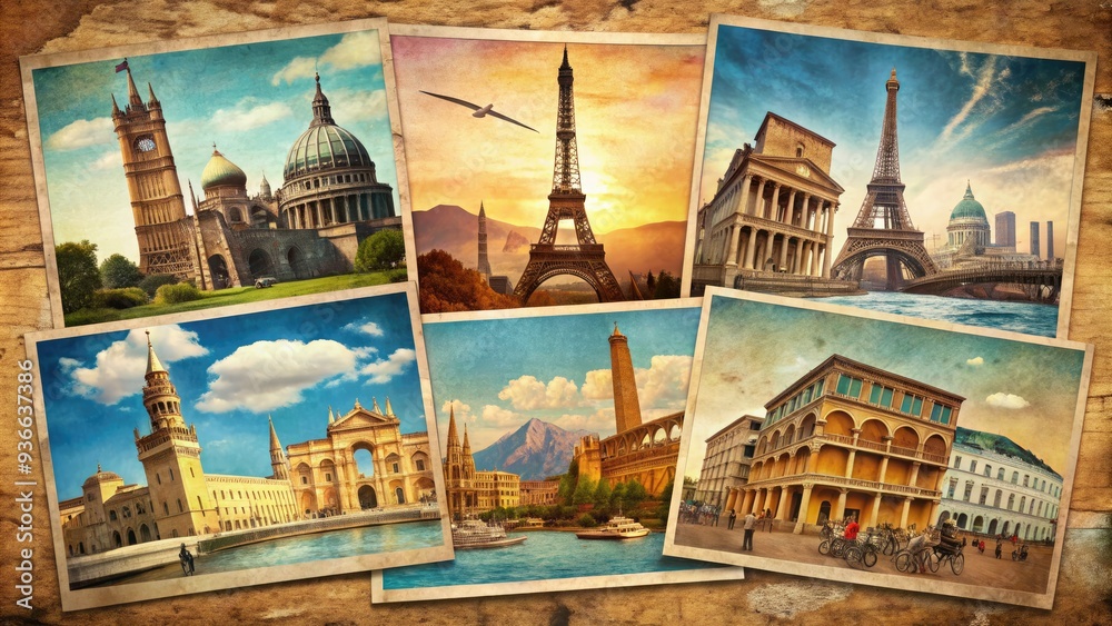 Retro-style travel postcards with distressed edges and faded colors ...