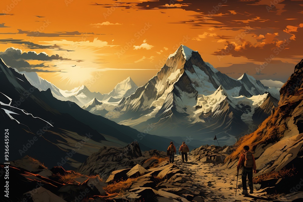 Vector depiction of group of explorers foot of towering mountain ...