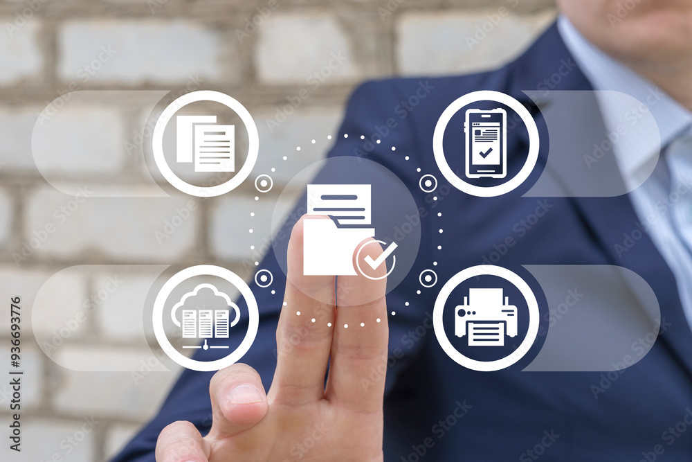 Man using virtual touch interface presses icon: directory with files ...