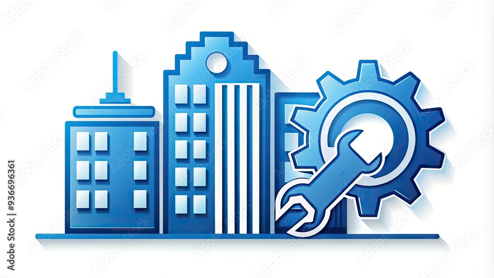 Sleek blue icon representing facility management, featuring a stylized ...
