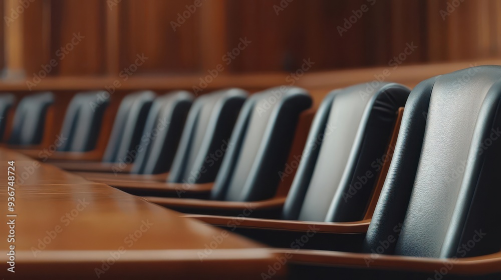 A courtroom scene with a focus on the jury box, courtroom, justice ...