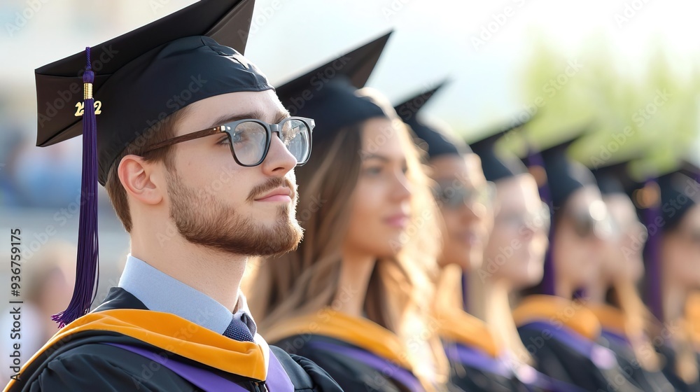 Graduates in formal academic attire, including caps and gowns, lined up ...