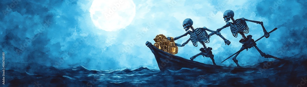 Eerie scene of skeletons rowing a boat under a full moon, evoking ...
