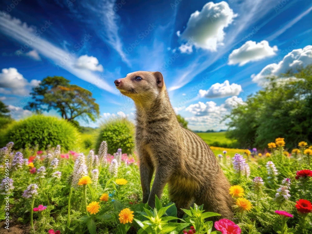 Vibrant banded mongoose stands amidst lush greenery, surrounded by ...